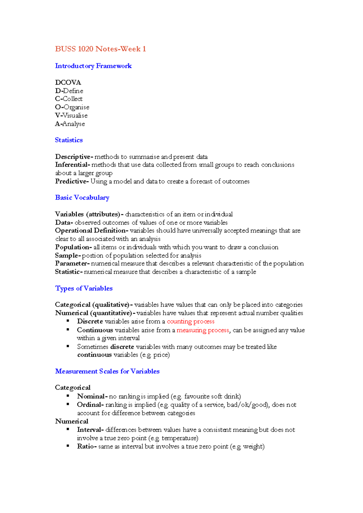 BUSS 1020 Notes - BUSS 1020 1 Introductory Framework DCOVA Statistics ...
