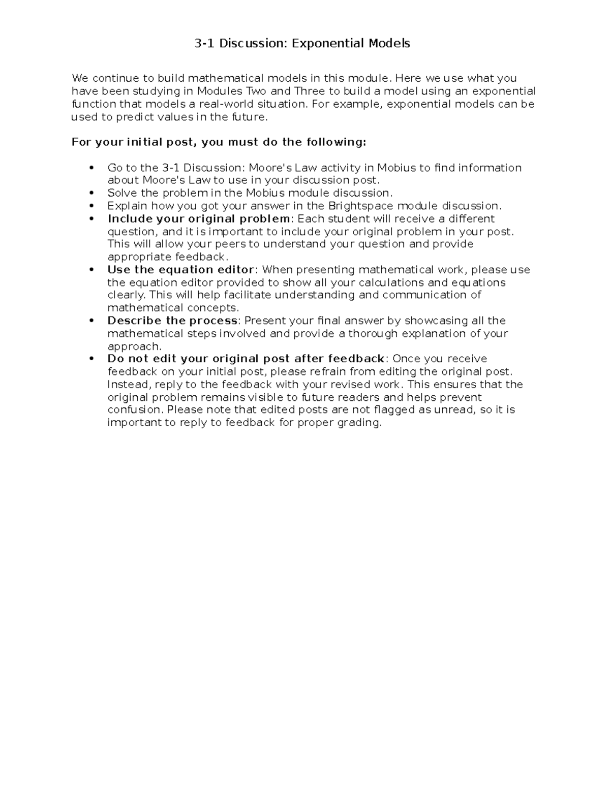 3-1 Discussion Exponential Models - We continue to build mathematical models in this module ...