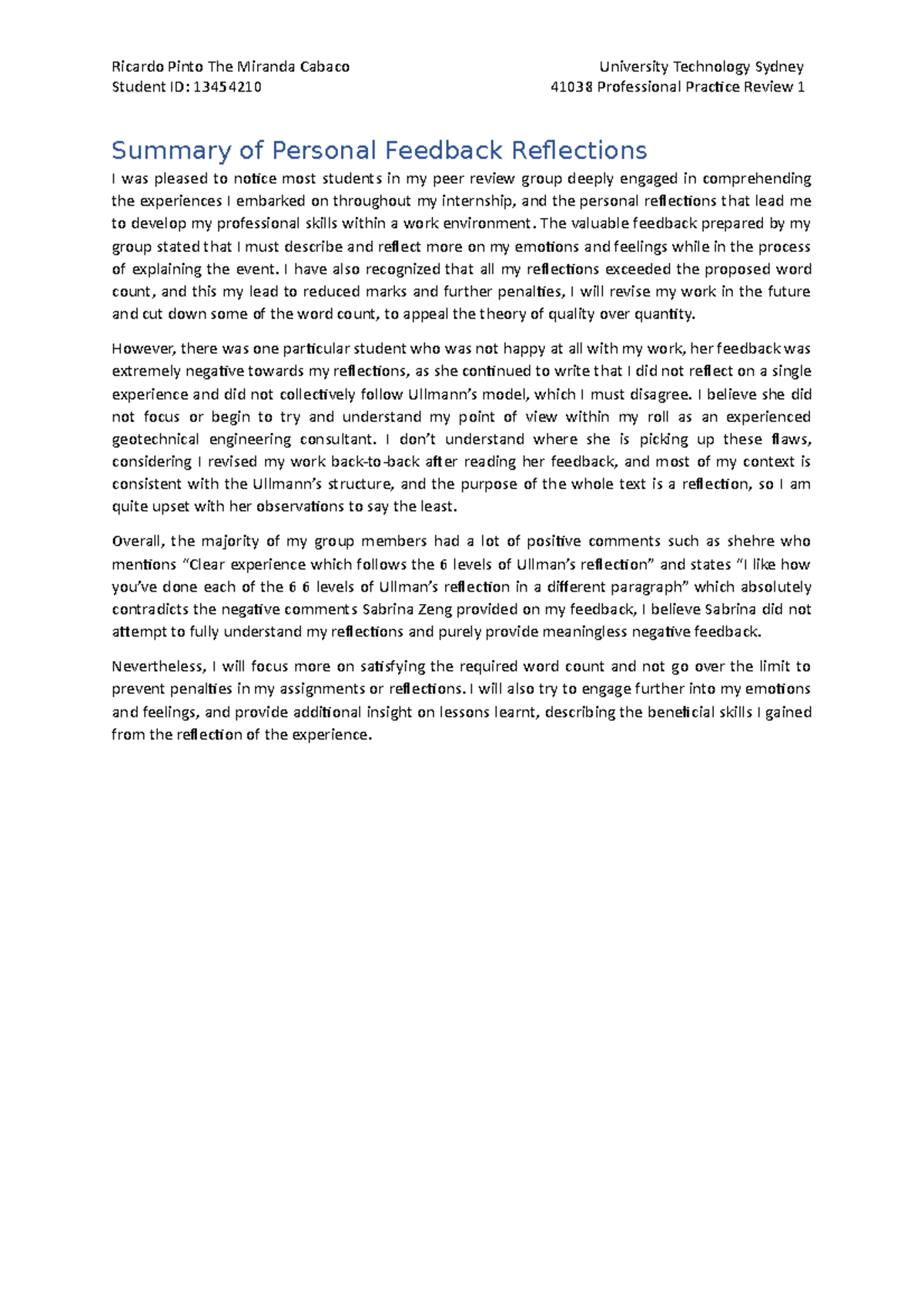 Ricardo Pinto De Miranda Cabaco (13454210) Task 1C - Summary of Personal Feedback Reflections ...