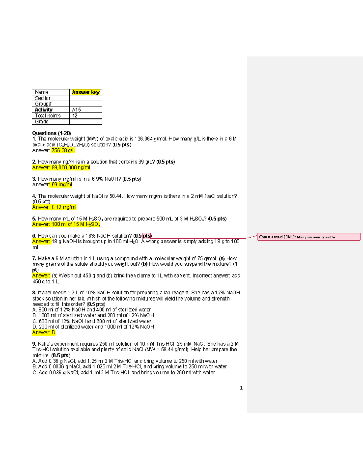 Assignment 15 Dilution Quiz - Name Section Group# Activity Total points ...