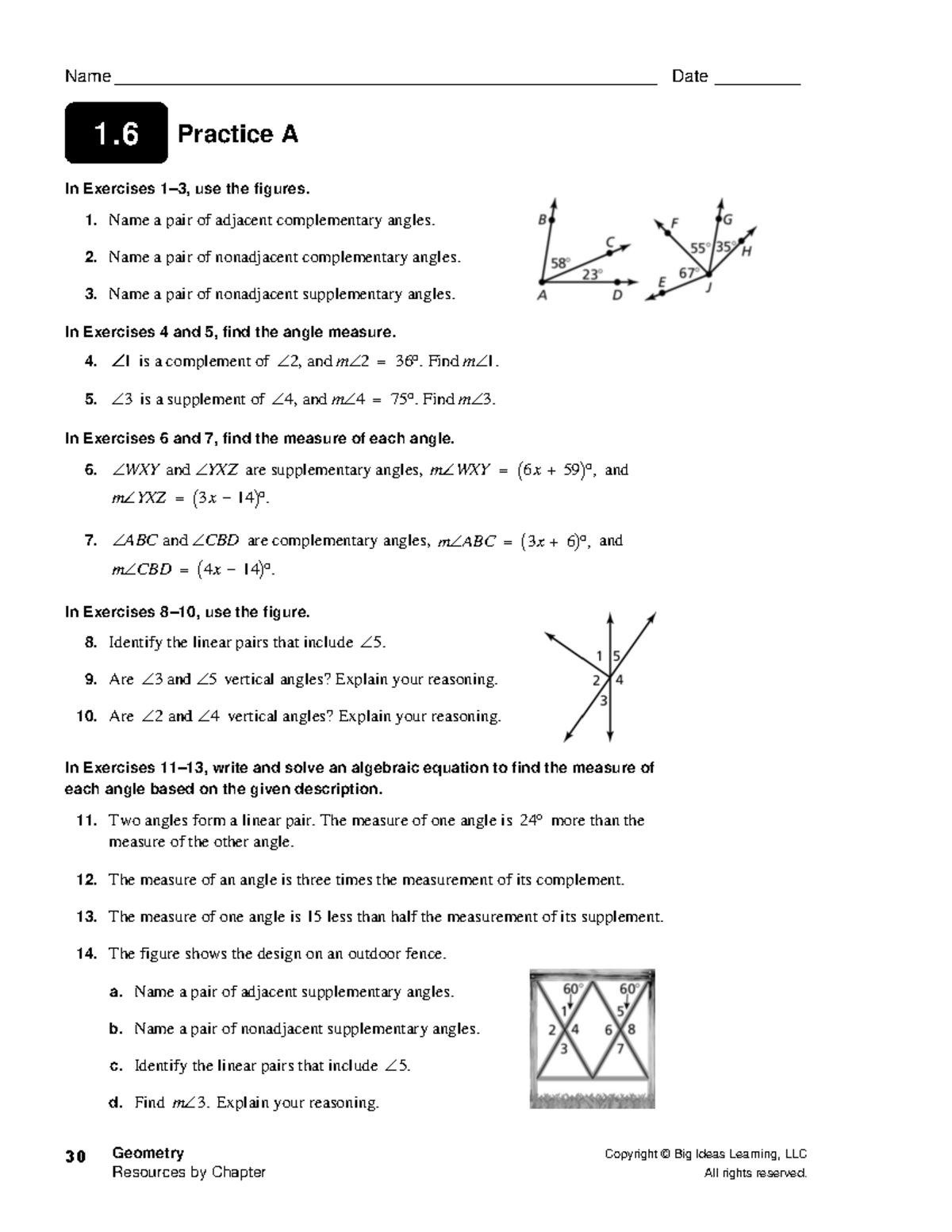 1.6 Practice A - Geomtry - Geometry Copyright © Big Ideas Learning, LLC ...