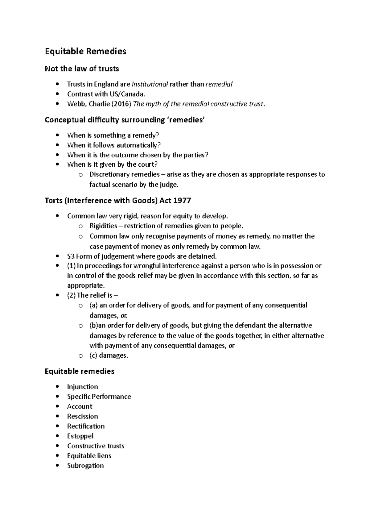 Equitable Remedies - Lecture notes - Equitable Remedies Not the law of ...