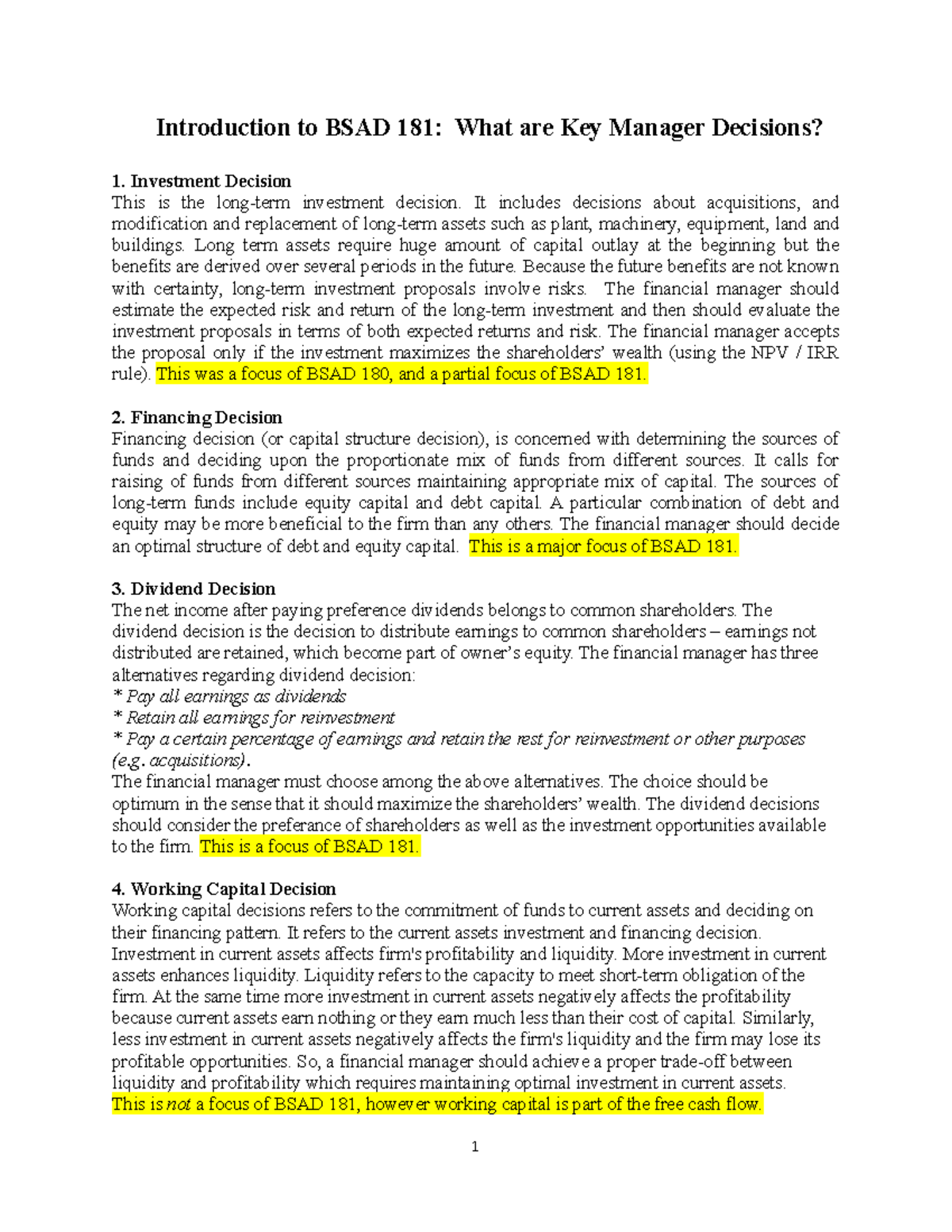 Chapter 13 - Introduction to BSAD 181: What are Key Manager Decisions ...