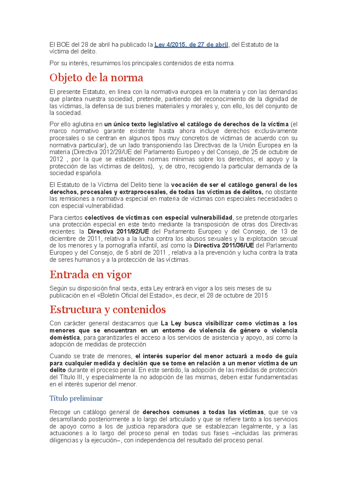 Ley 4 2015 De 27 De Abril Del Estatuto De La Víctima Del Delito