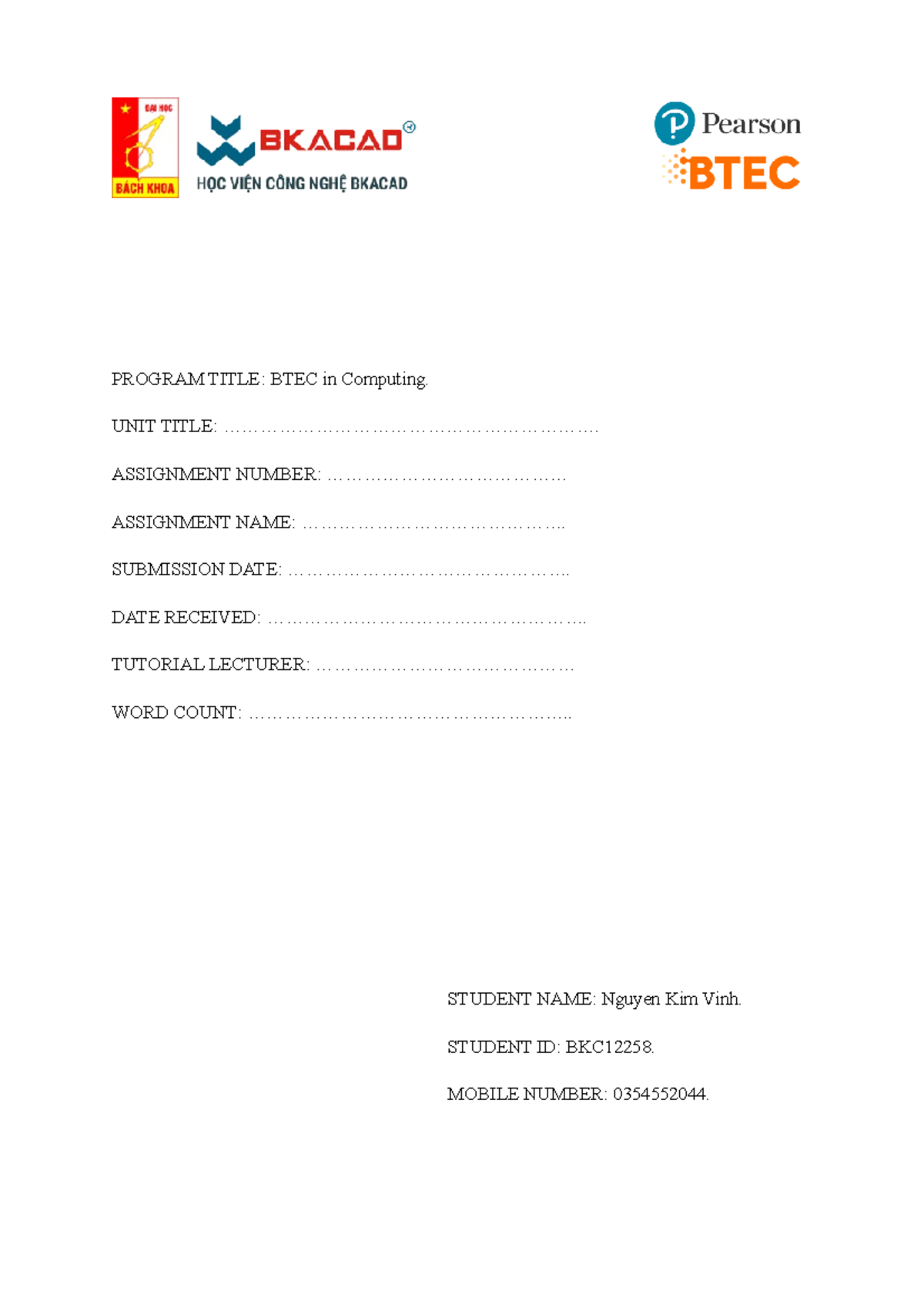 Assignment 1 - IOT - PROGRAM TITLE: BTEC in Computing. UNIT TITLE: - Studocu