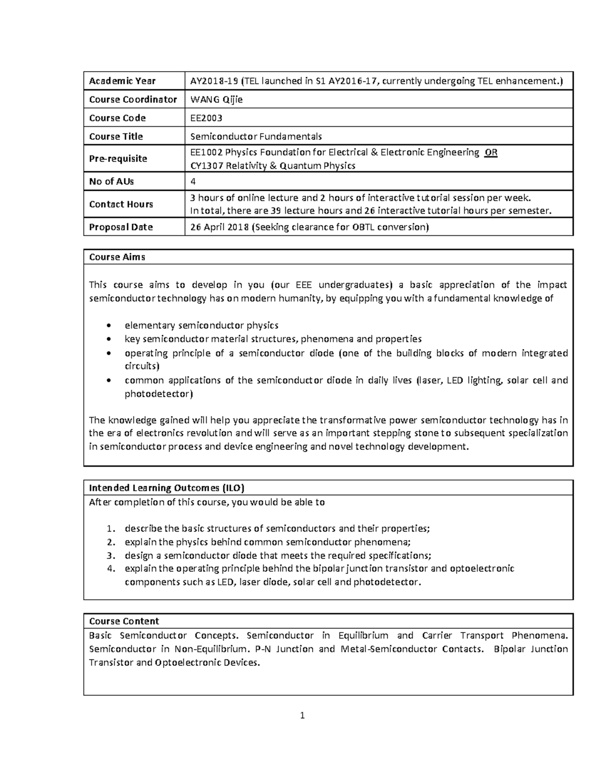 EE2003 Semiconductor Fundamentals OBTL - Warning: TT: undefined function: 32 Academic Year ...