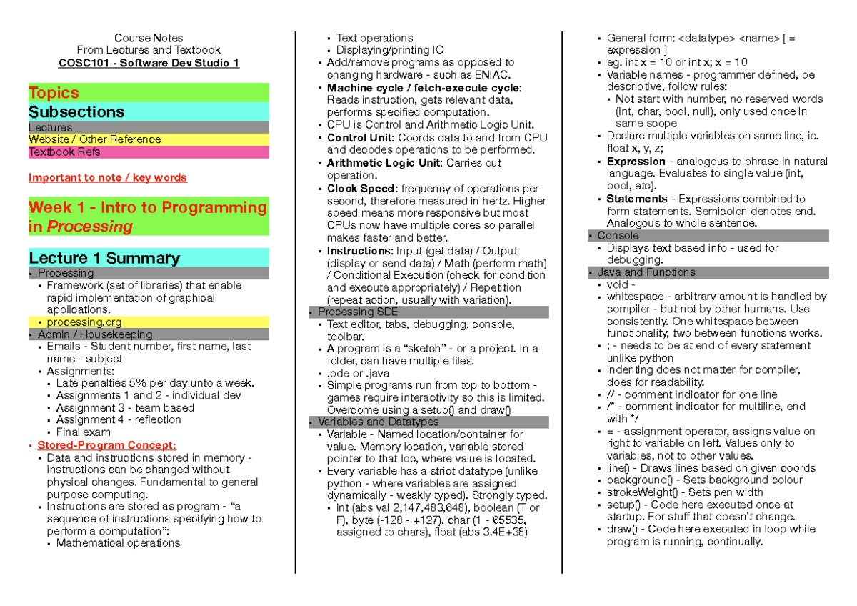 COSC101 Lecture Notes Summary - Course Notes From Lectures and Textbook ...