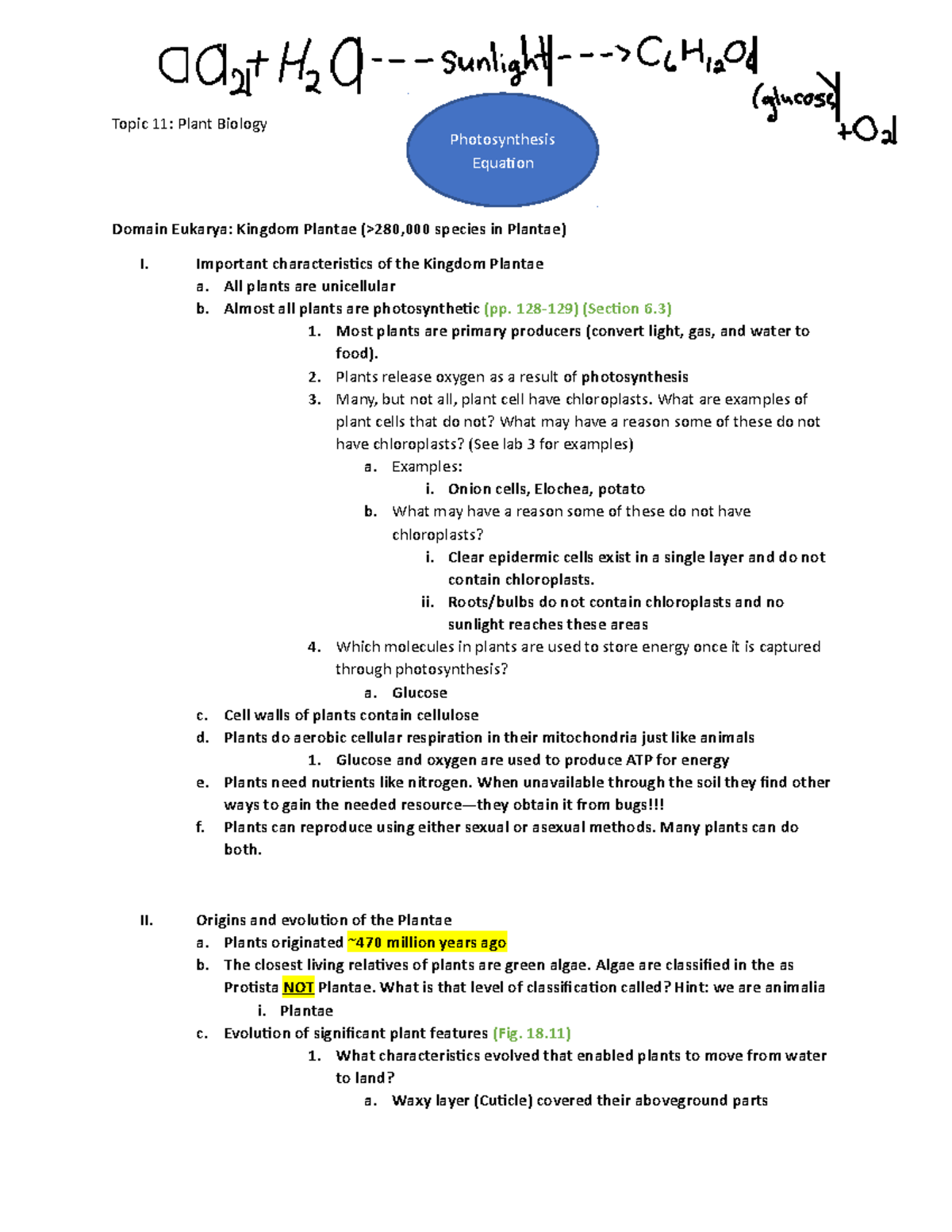 Topic 11 SG - Lecture notes 11 - Topic 11: Plant Biology Domain Eukarya ...