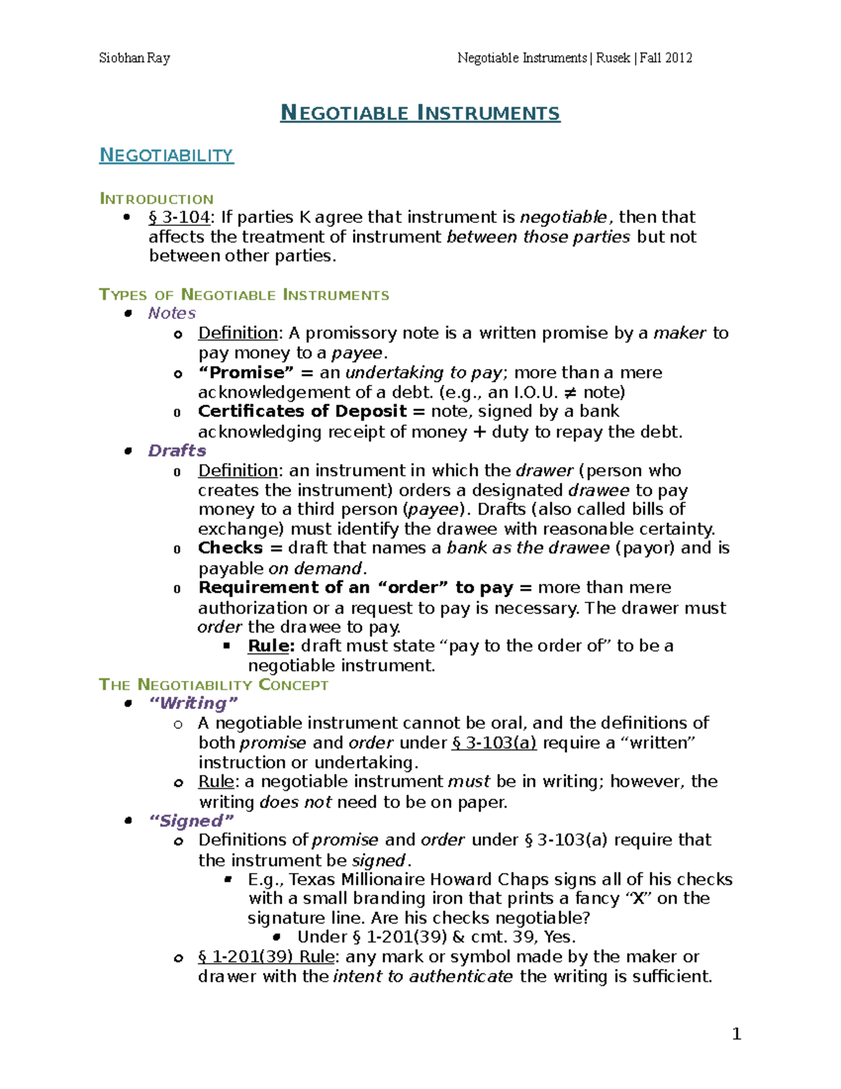 NI Outline - High A - NEGOTIABLE INSTRUMENTS NEGOTIABILITY INTRODUCTION ...