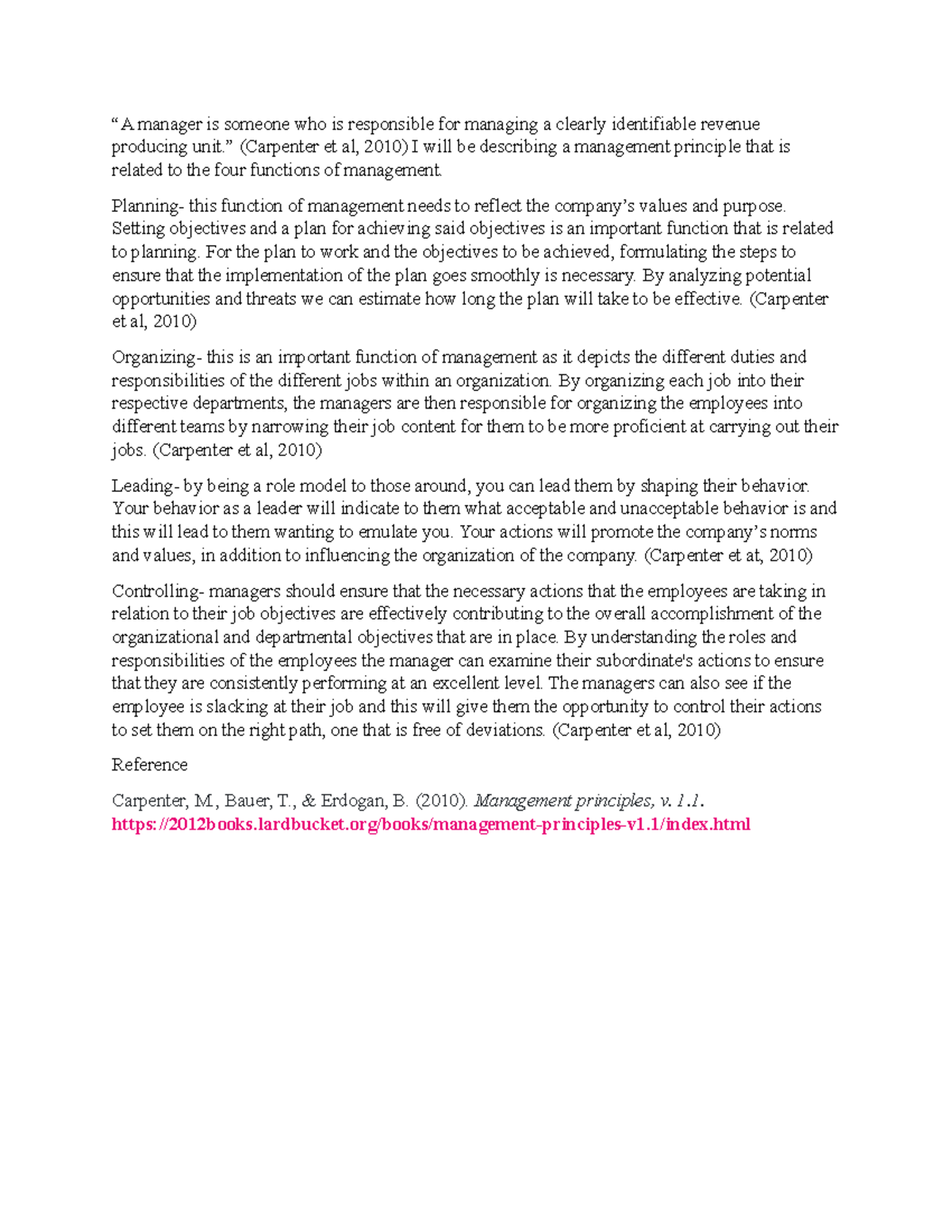 Business Management Unit 8 Learning Journal - “A manager is someone who ...