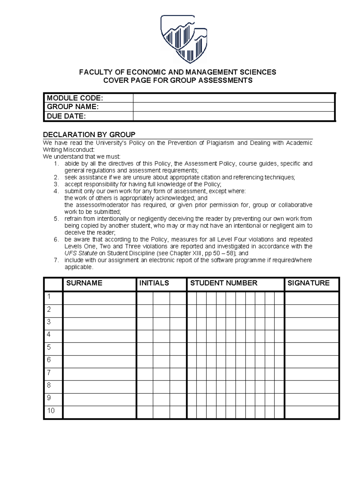 UFS Group Assignment Cover Page - FACULTY OF ECONOMIC AND MANAGEMENT ...
