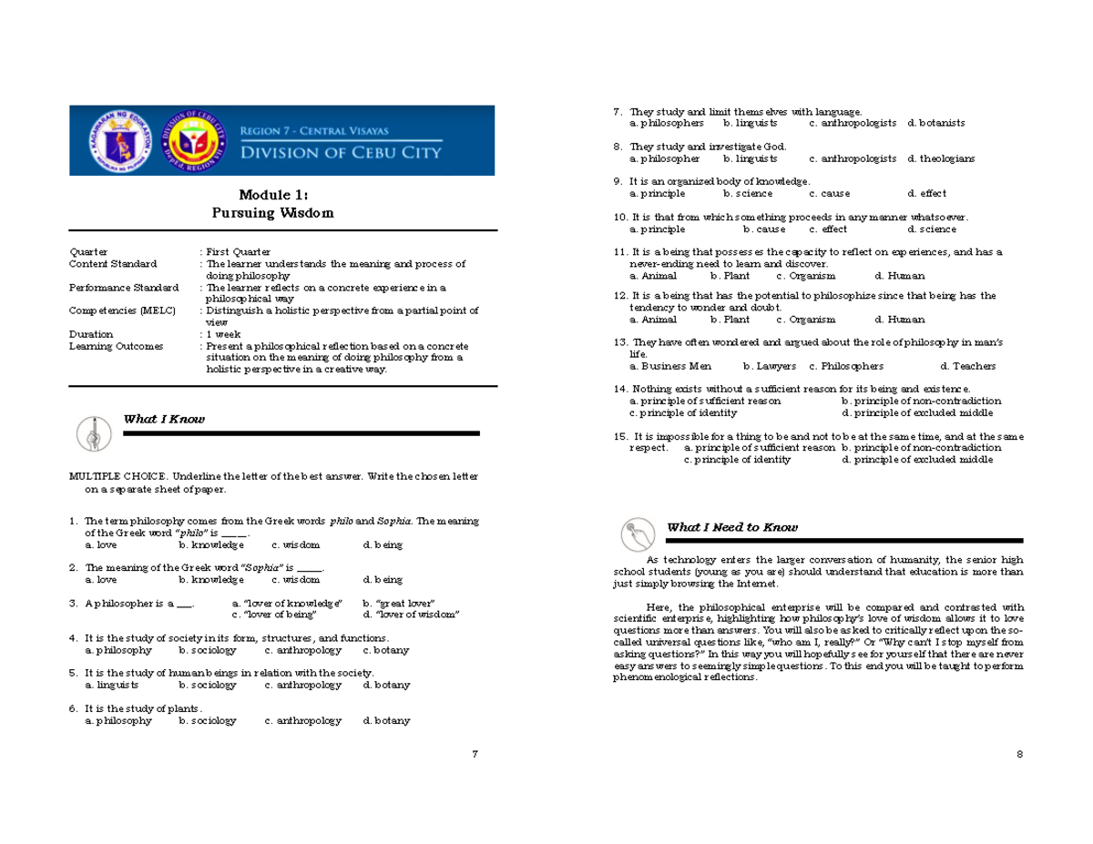 1 Q1 Intro to Philo - converted - 7 Module 1: Pursuing Wisdom Quarter : First Quarter Content ...