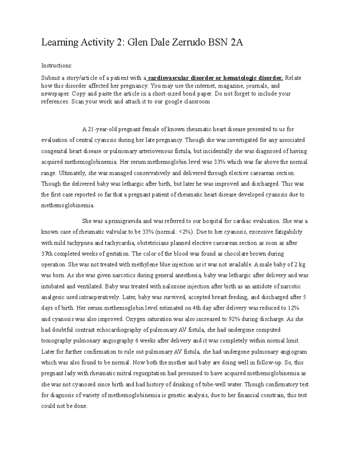 Glen Dale Zerrudo - Learning Activity 2 - Learning Activity 2: Glen Dale Zerrudo BSN 2A - Studocu