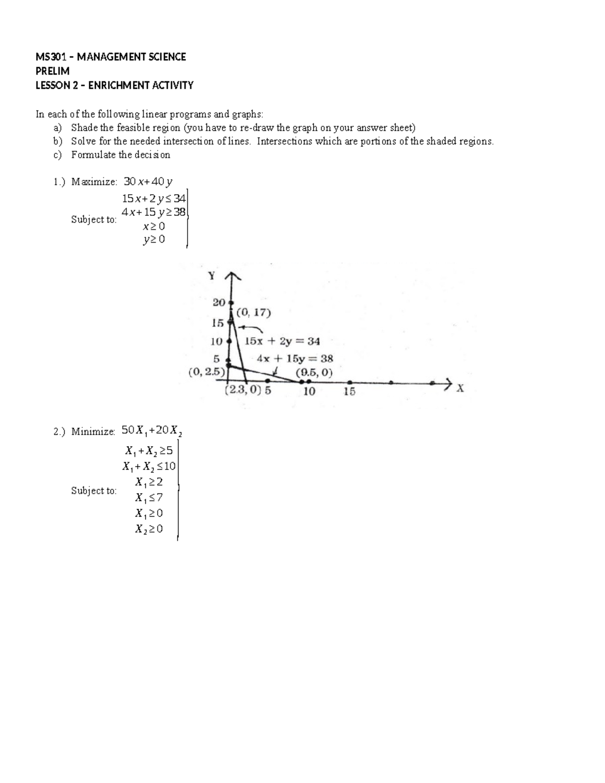 MS301 Prelim L2 EA - dfdfd - MS301 – MANAGEMENT SCIENCE PRELIM LESSON 2 – ENRICHMENT ACTIVITY In ...