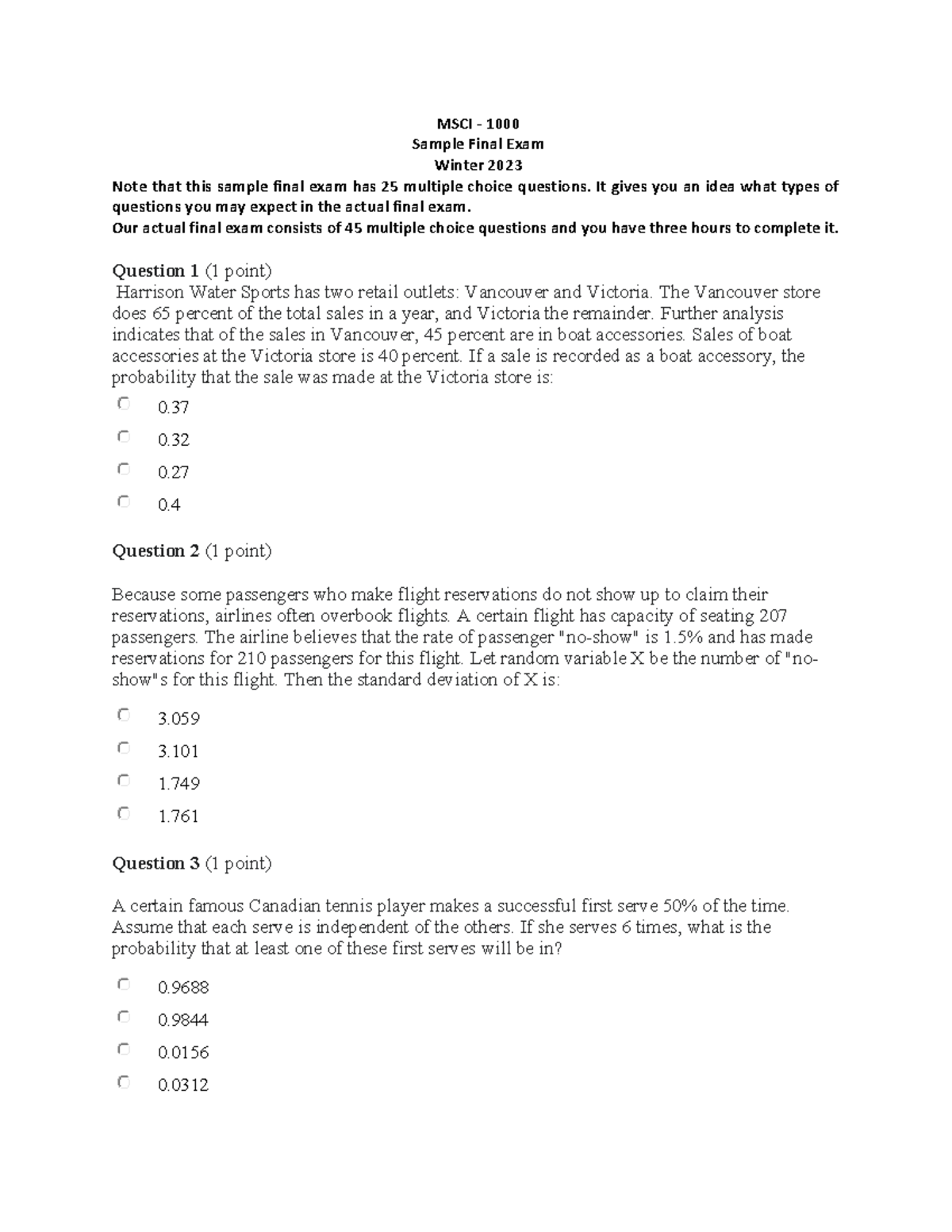 Sample final exam-W2023 - MSCI - 1000 Sample Final Exam Winter 2023 Note that this sample final ...