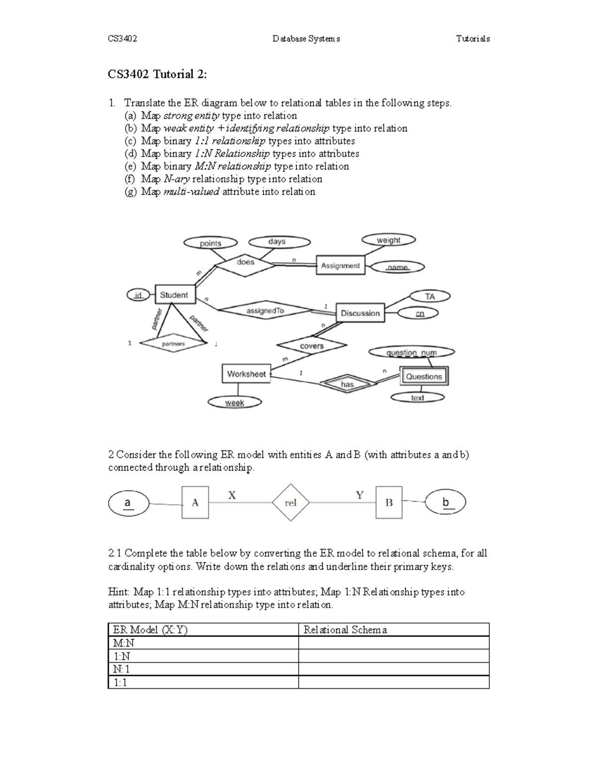 Tutorial 2 + Solution - CS3402 Tutorial 2: Translate the ER diagram below to relational tables ...