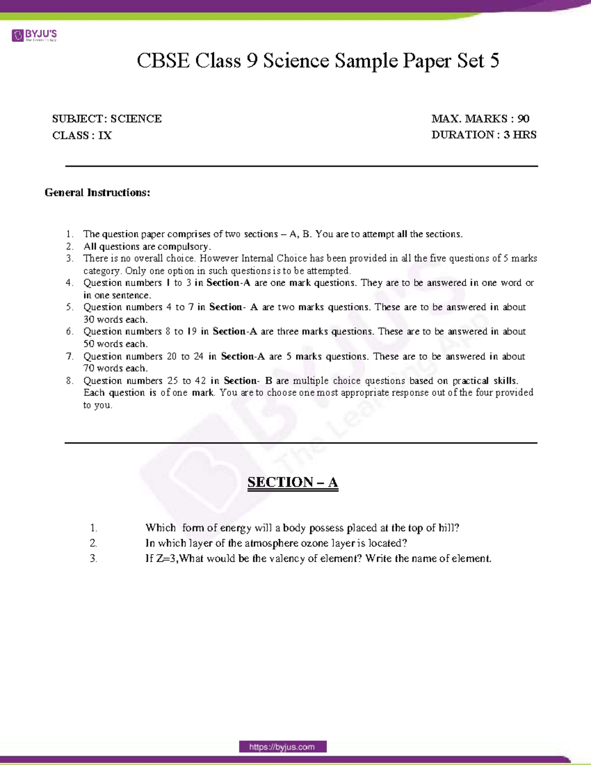 CBSE Sample Paper Class 9 Science Set 5 - CBSE Class 9 Science Sample ...