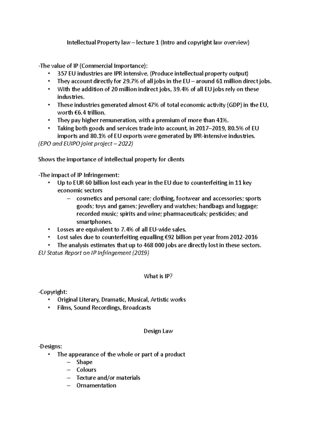 Intellectual Property law – lecture 1 (Intro and copyright law overview) - Intellectual Property ...