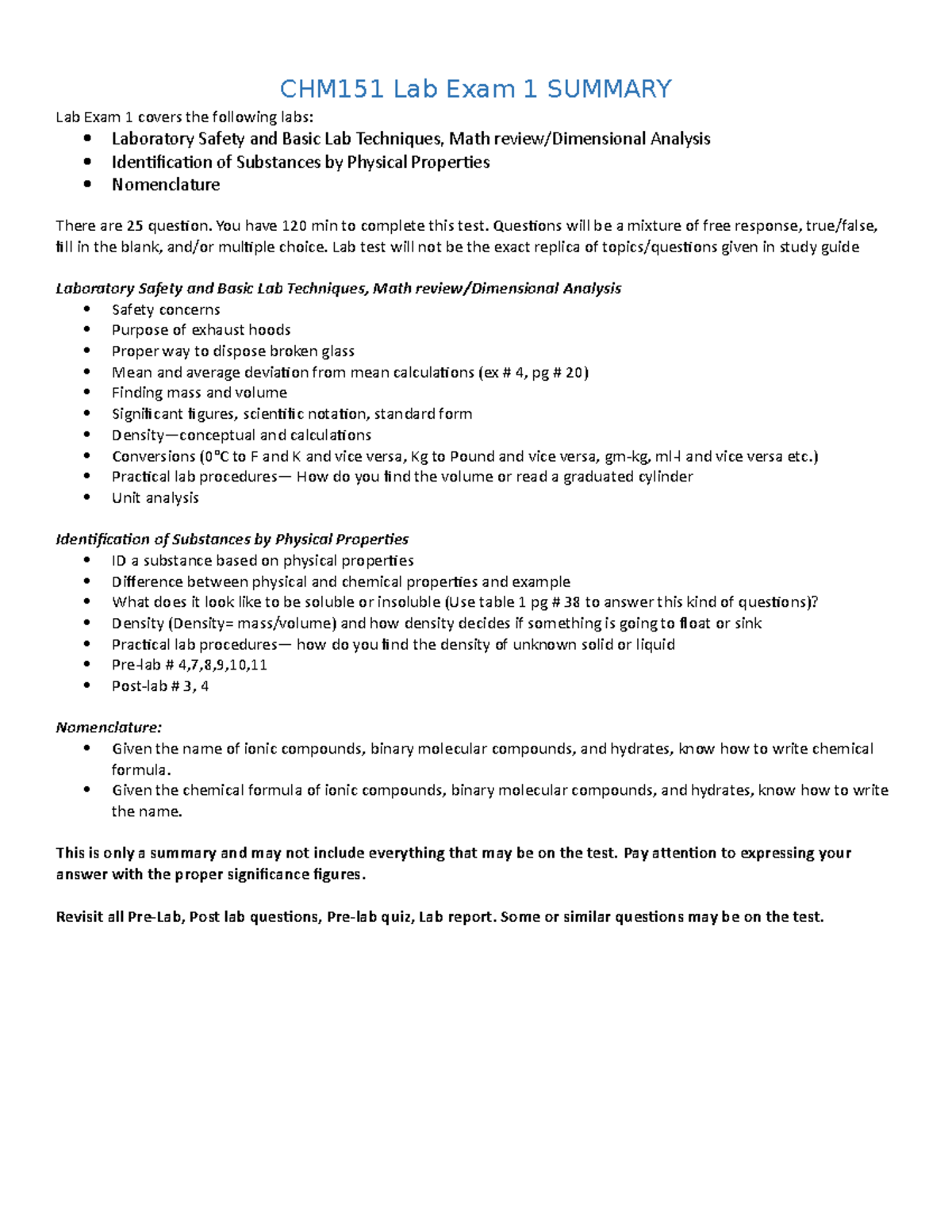 CHM151 Lab Exam 1 Summary 2021SP - CHM151 Lab Exam 1 SUMMARY Lab Exam 1 ...