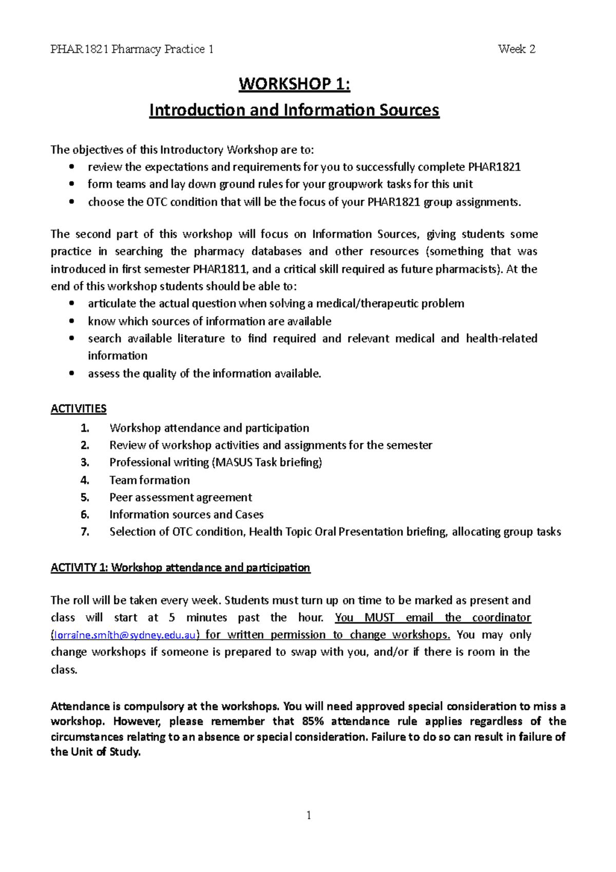 Workshop 1 Student handout final - PHAR1821 - USyd - Studocu