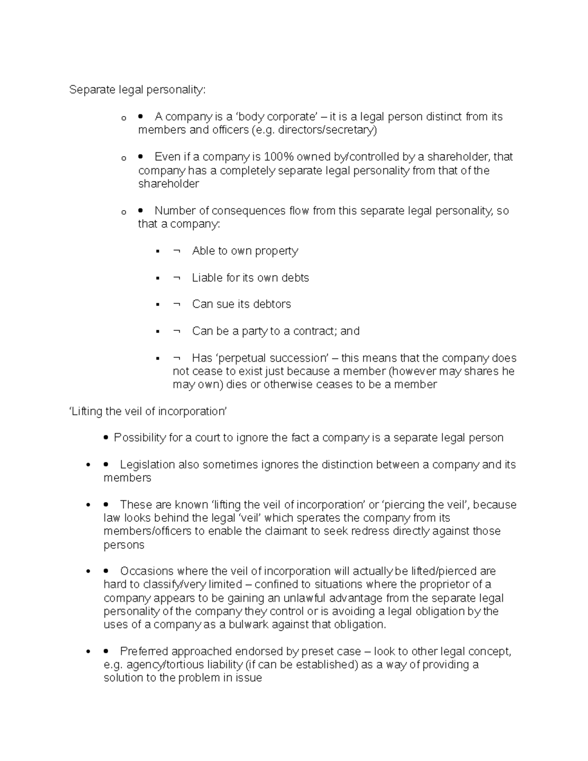 Business 5 - BUSX 201 - Separate legal personality: o A company is a ...