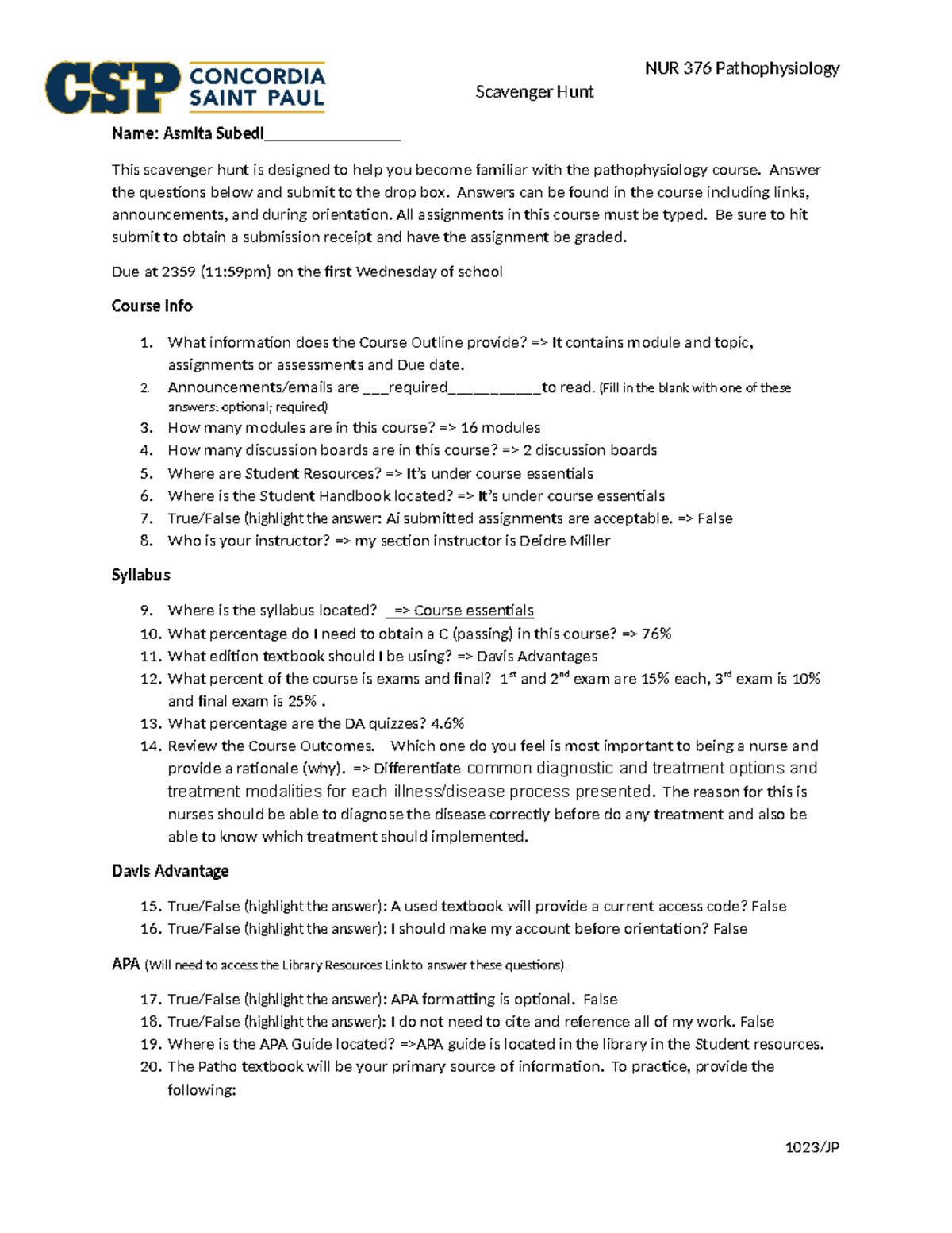 Patho Scavenger Hunt final version - NUR 376 Pathophysiology Scavenger ...