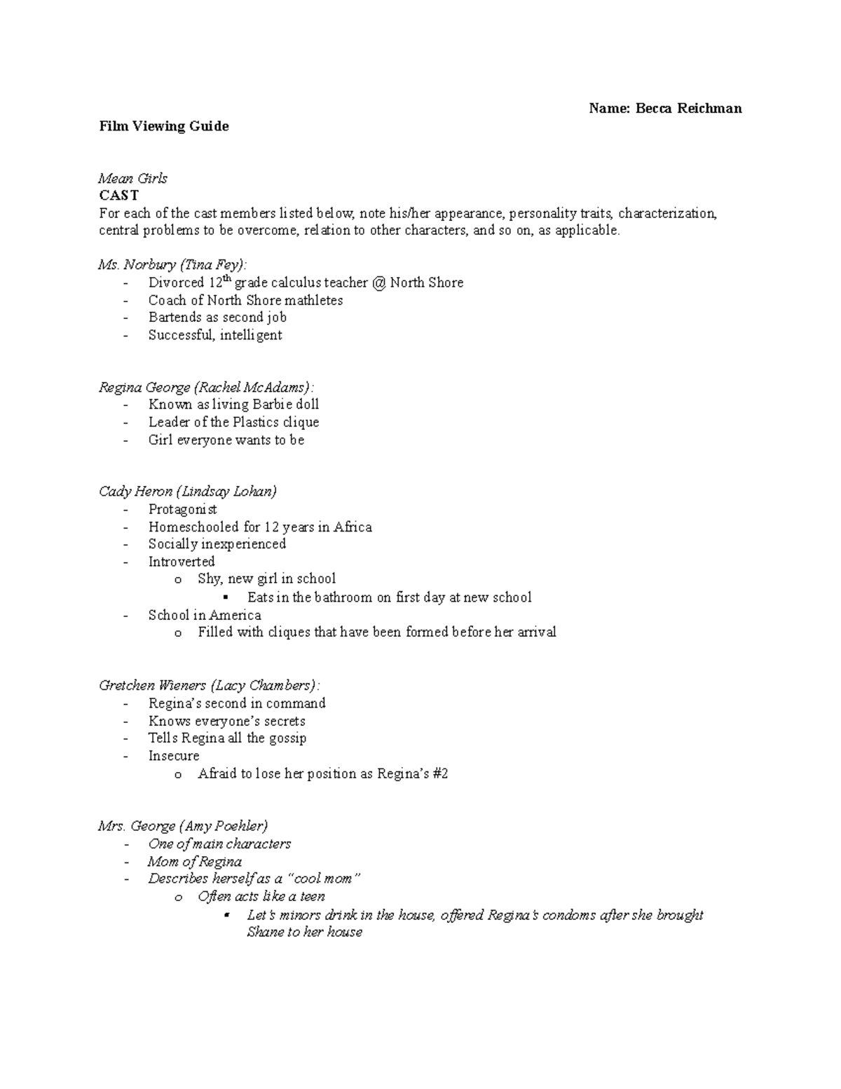 Film Viewing Guide - Name: Becca Reichman Film Viewing Guide Mean Girls ...