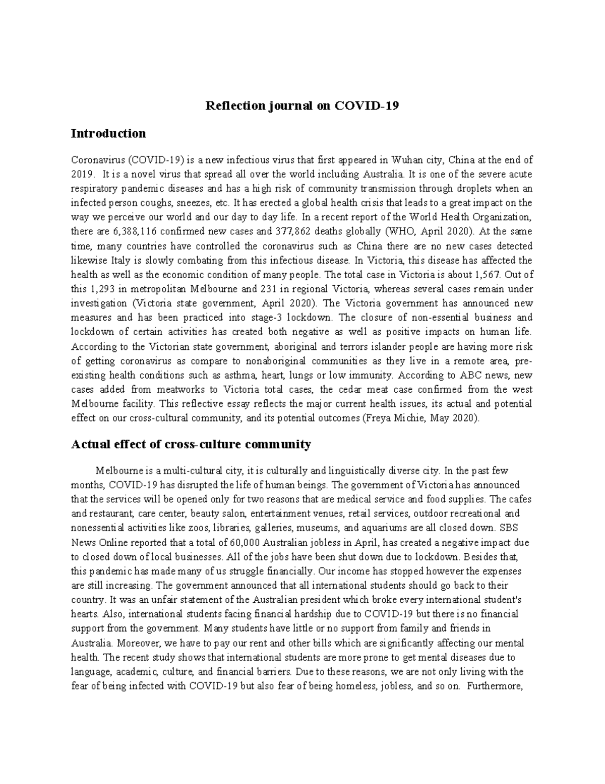 Reflective Practice Assignment 2 - Reflection journal on COVID ...