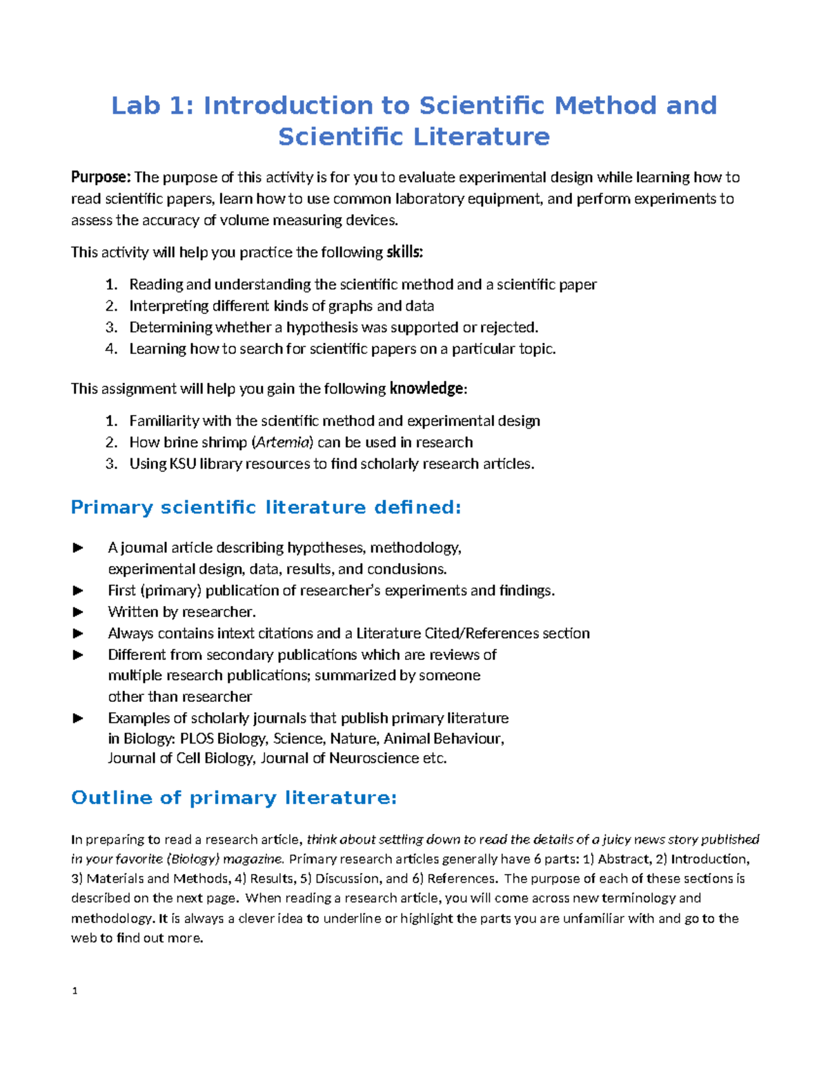 Lab 1 Scientific Method and Scientific Literature - Lab 1: Introduction to Scientific Method and ...