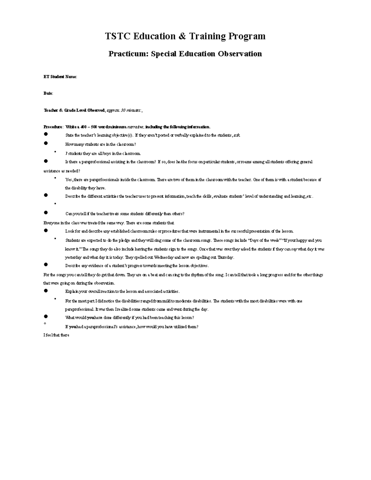 Spec Ed Observation - Education systems. - TSTC Education & Training ...