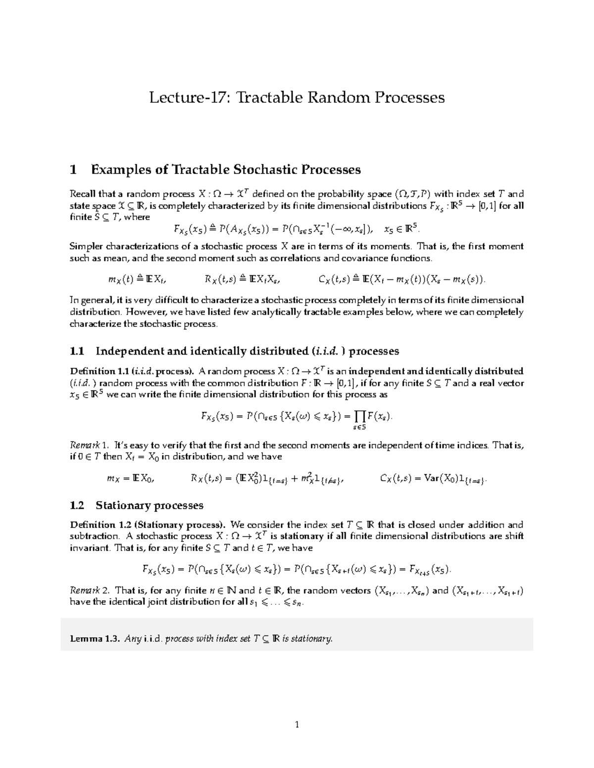 17-Tractable Random Process - Lecture-17: Tractable Random Processes 1 Examples of Tractable ...