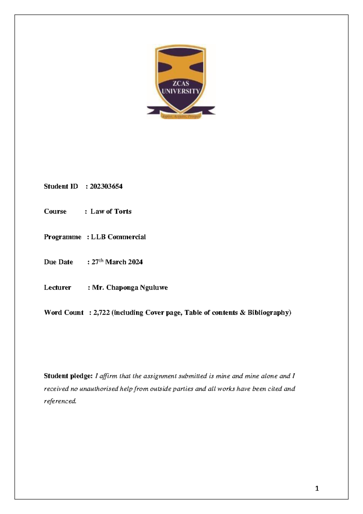 202303654 LAW OF TORT - Assignment with reference - Student ID ...