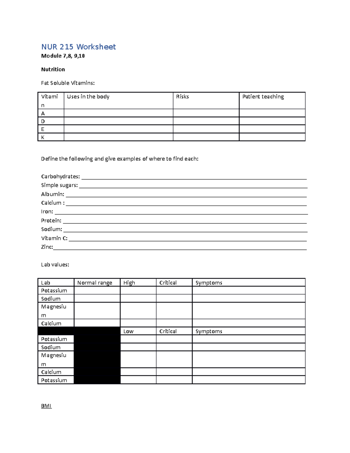 NUR215 Module Review 7-10 student copy - NUR 215 Worksheet Module 7,8 ...