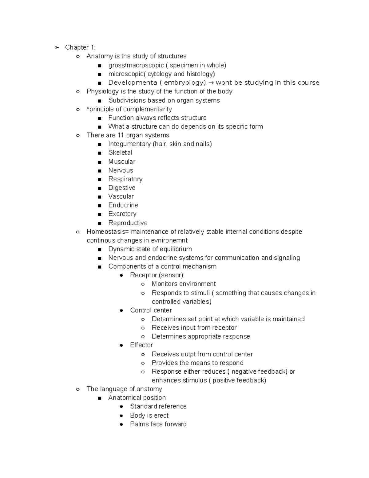 Exam 1 Study Guide - Lecture notes on intro anatomy topics - Chapter 1 ...
