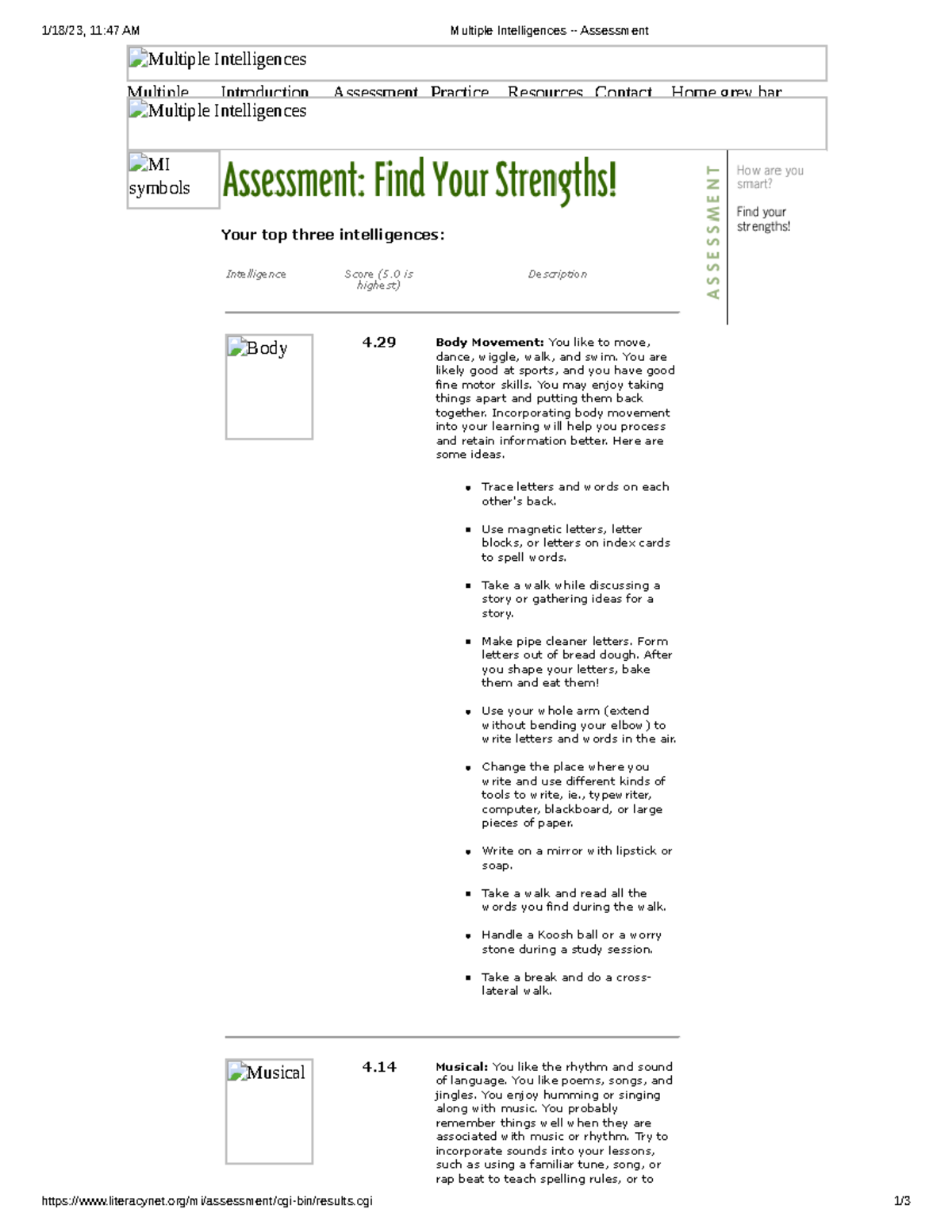 Multiple Intelligences - Assessment - 1/18/23, 11:47 AM Multiple ...