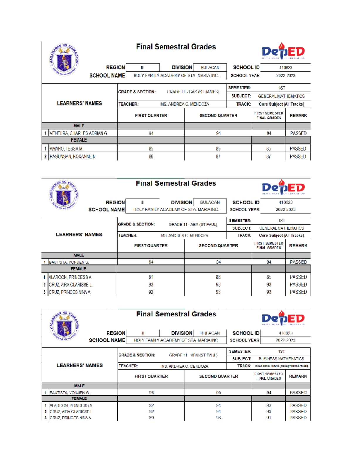 Grade 11 Grades FOR 1ST SEM - Bachelor of Science in Mathematics - Studocu