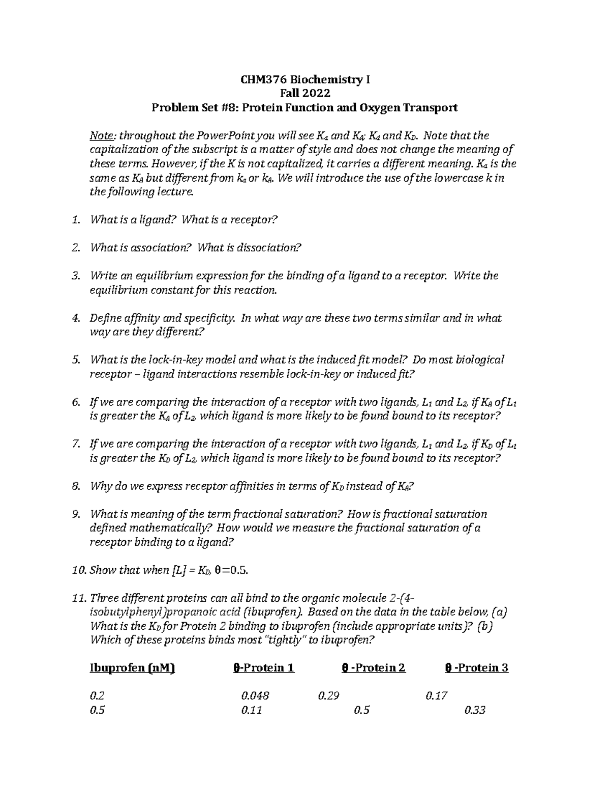 CHM376 Fa22 PS8 - problem set 8 - CHM376 Biochemistry I Fall 2022 Problem Set #8: Protein ...