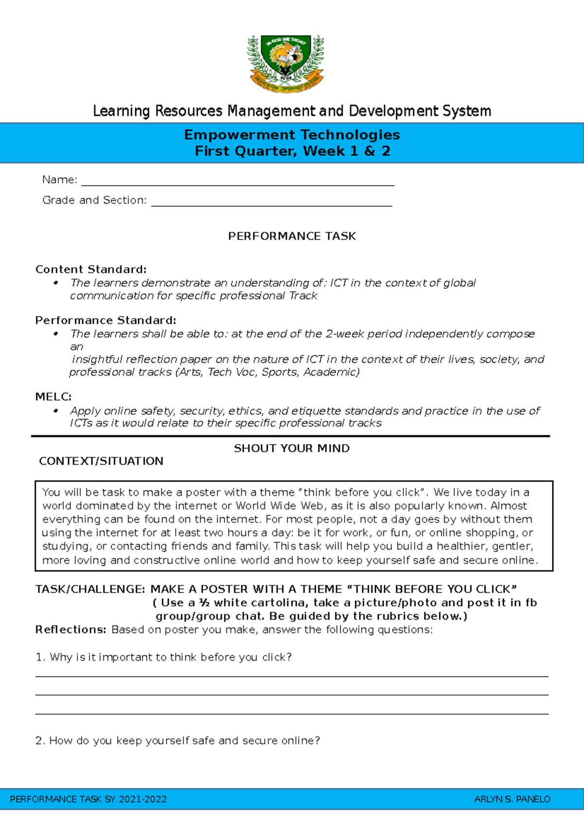 Week 1 2 Performance Task. Tvl 12. Ict. - Agriculture - Studocu