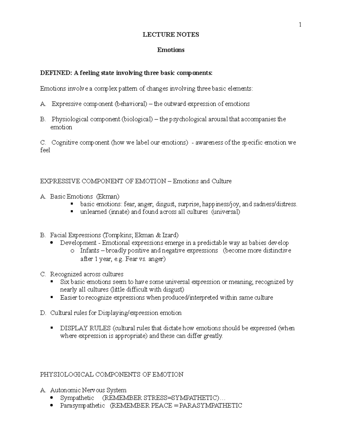 Chapter+12+Emotion+lecture+notes - LECTURE NOTES Emotions DEFINED: A ...