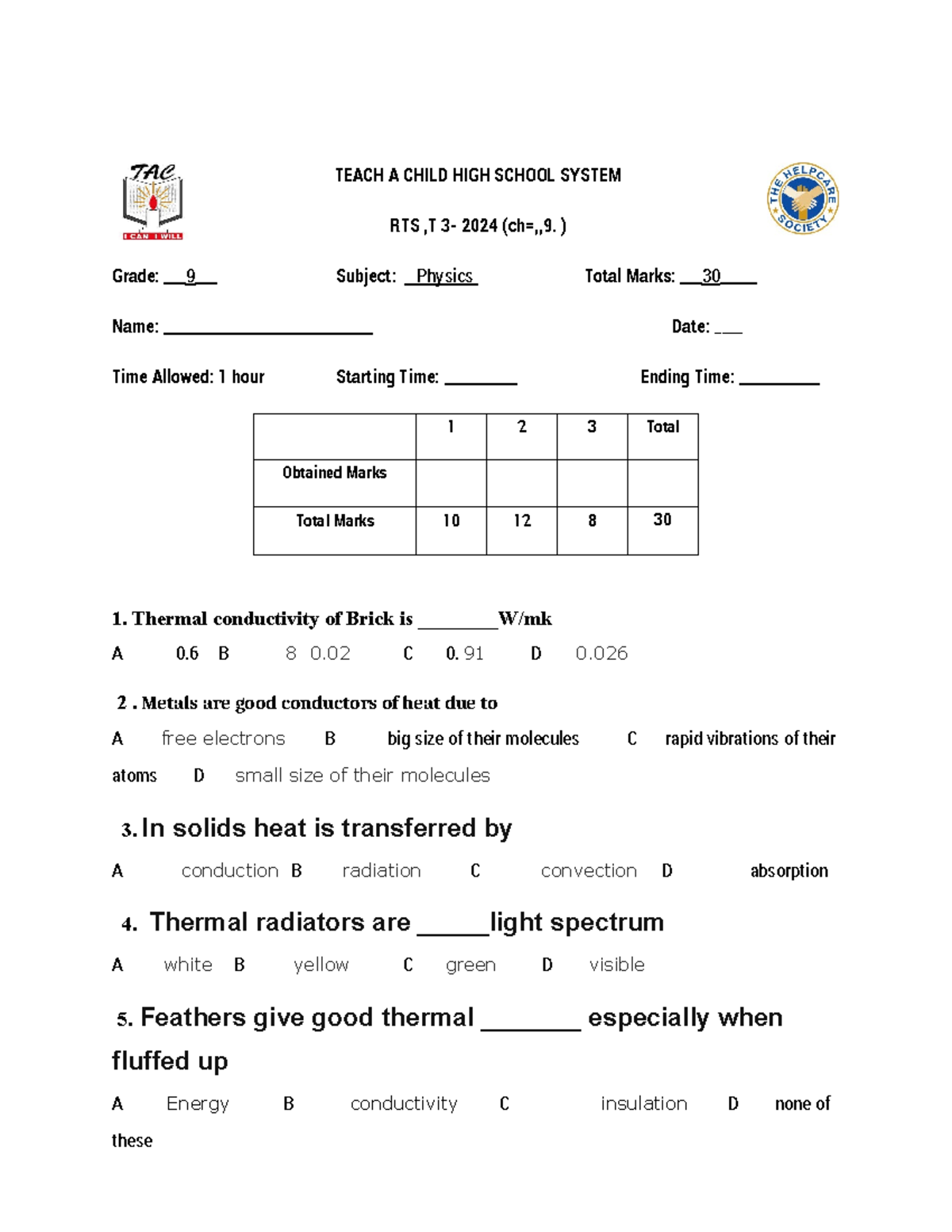 RTS 3 Class 9 CH#9 - notes - TEACH A CHILD HIGH SCHOOL SYSTEM RTS ,T 3 ...