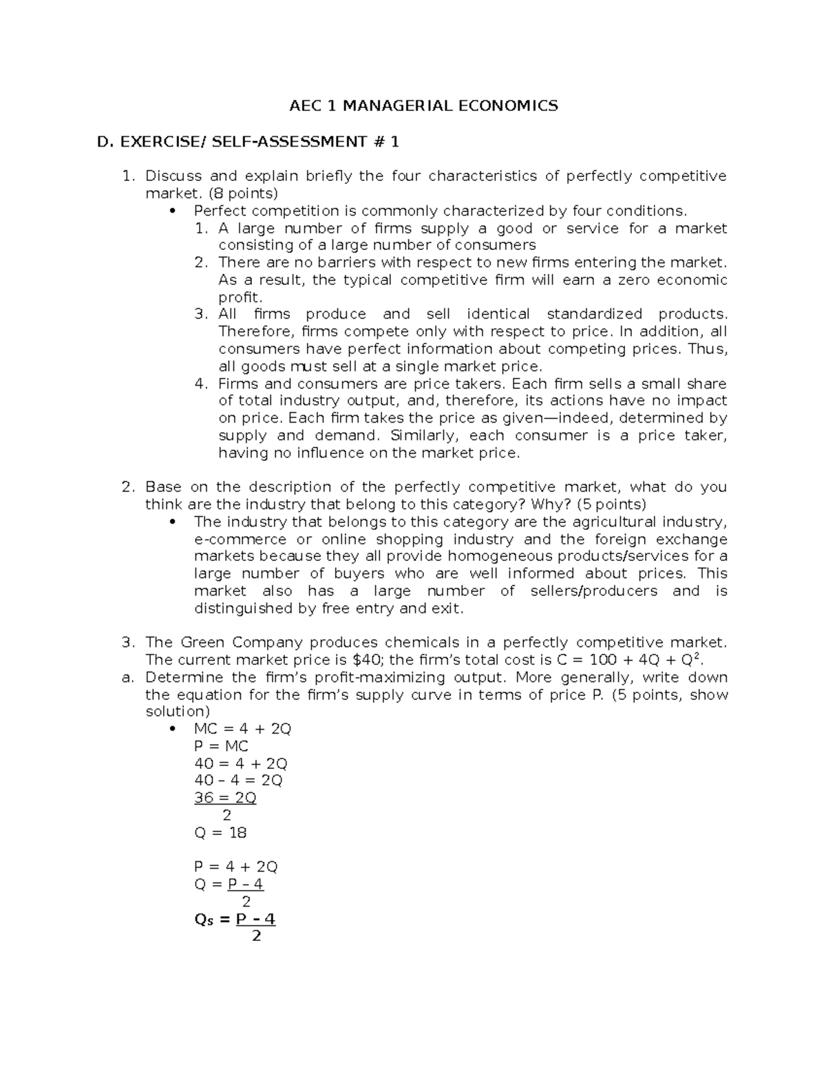 AEC SAQ #1 - Managerial economics - AEC 1 MANAGERIAL ECONOMICS D ...