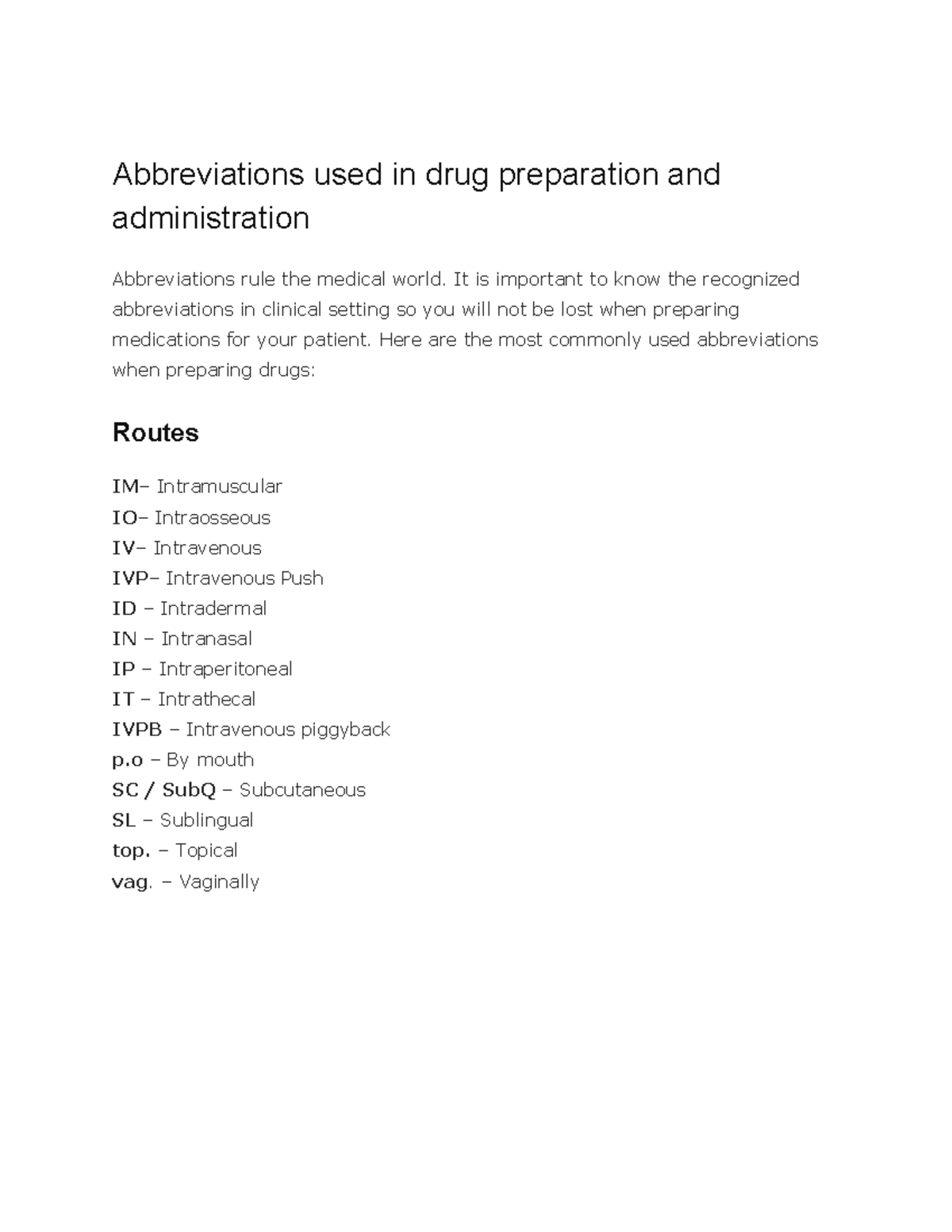 Abbreviations used in drug preparation and administration ...