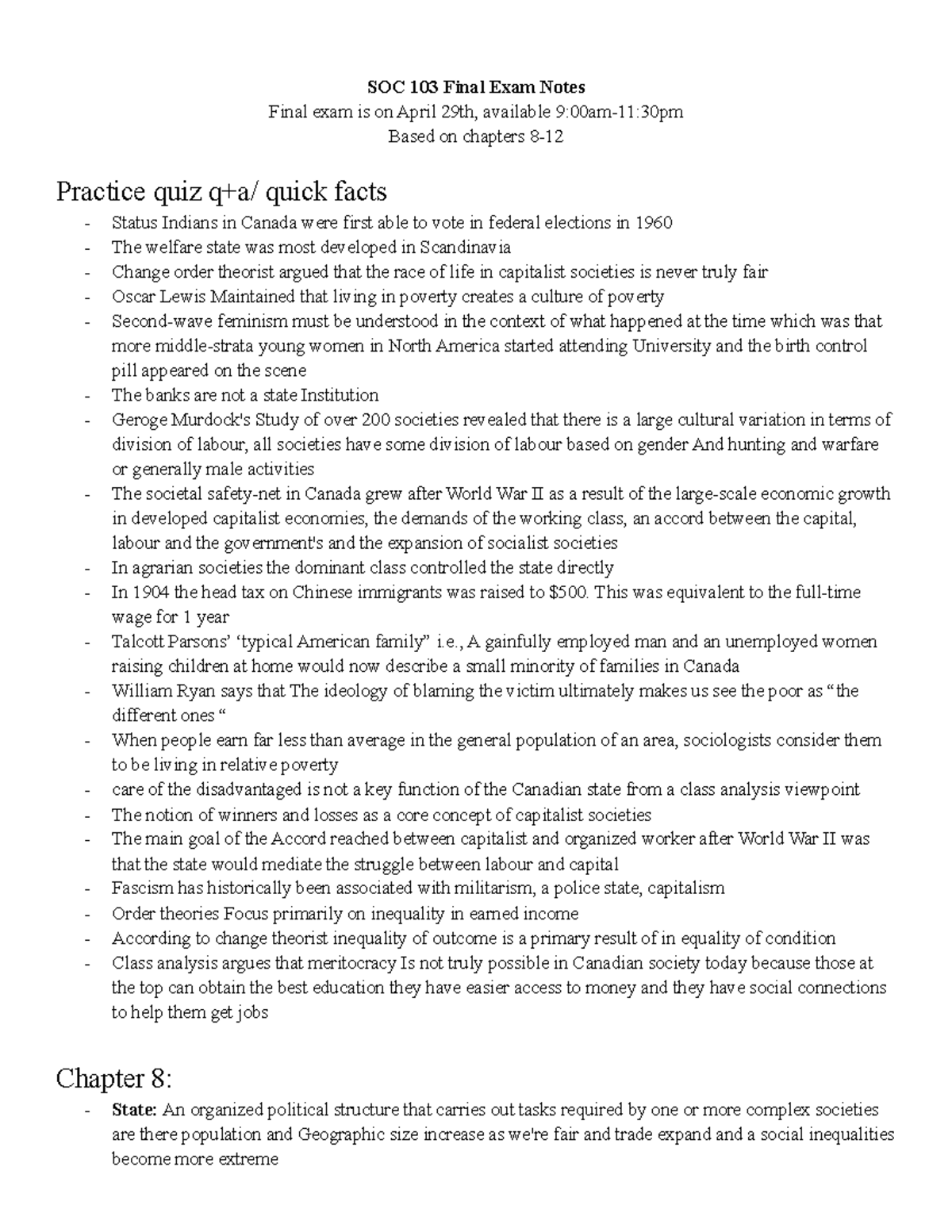 SOC 103 Final Exam Notes - SOC 103 Final Exam Notes Final exam is on ...