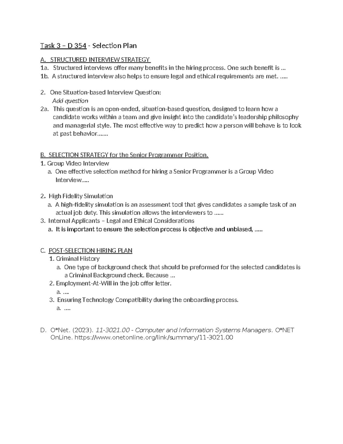 D354 Task 3 outline to get started - Task 3 – D 354 - Selection Plan A ...