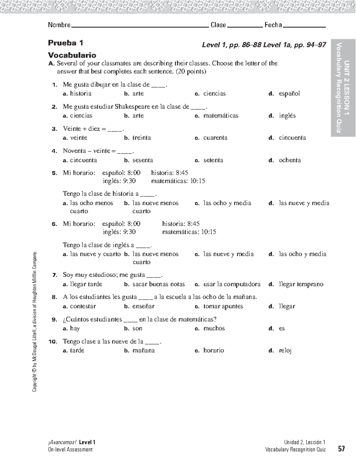 Avancemos 1 Lección 1 ejercicios - Prueba 1 Level 1, pp. 86–88 Level 1a ...