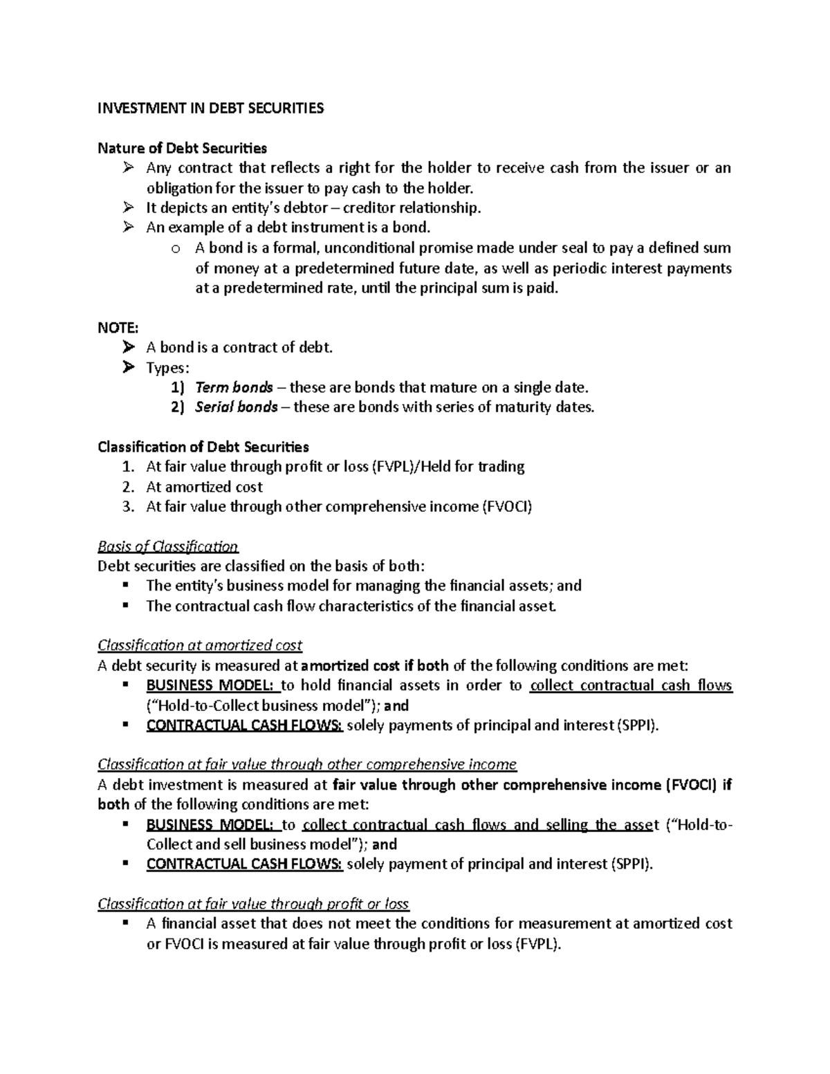 Investment in Debt Securities Under FVPL, FVOCI, and Amortized Cost ...