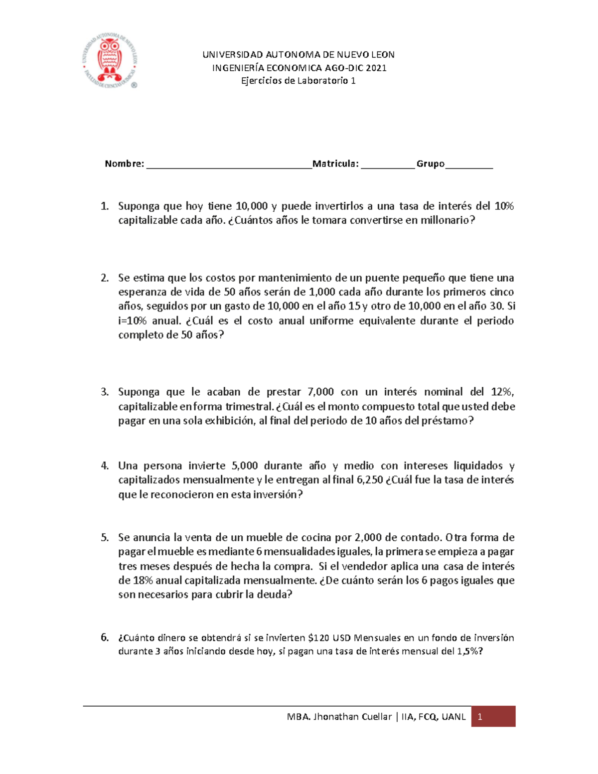 Laboratorio 1 - Jhonathan Cuellar | IIA, FCQ, UANL 1 Nombre ...
