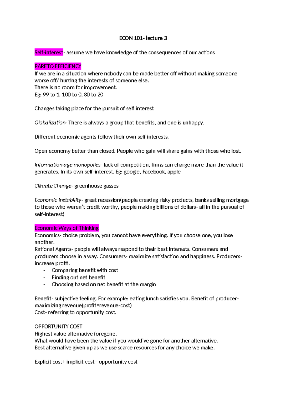 Econ 101 lecture 3 - NOTES - ECON 101- lecture 3 Self-interest- assume ...