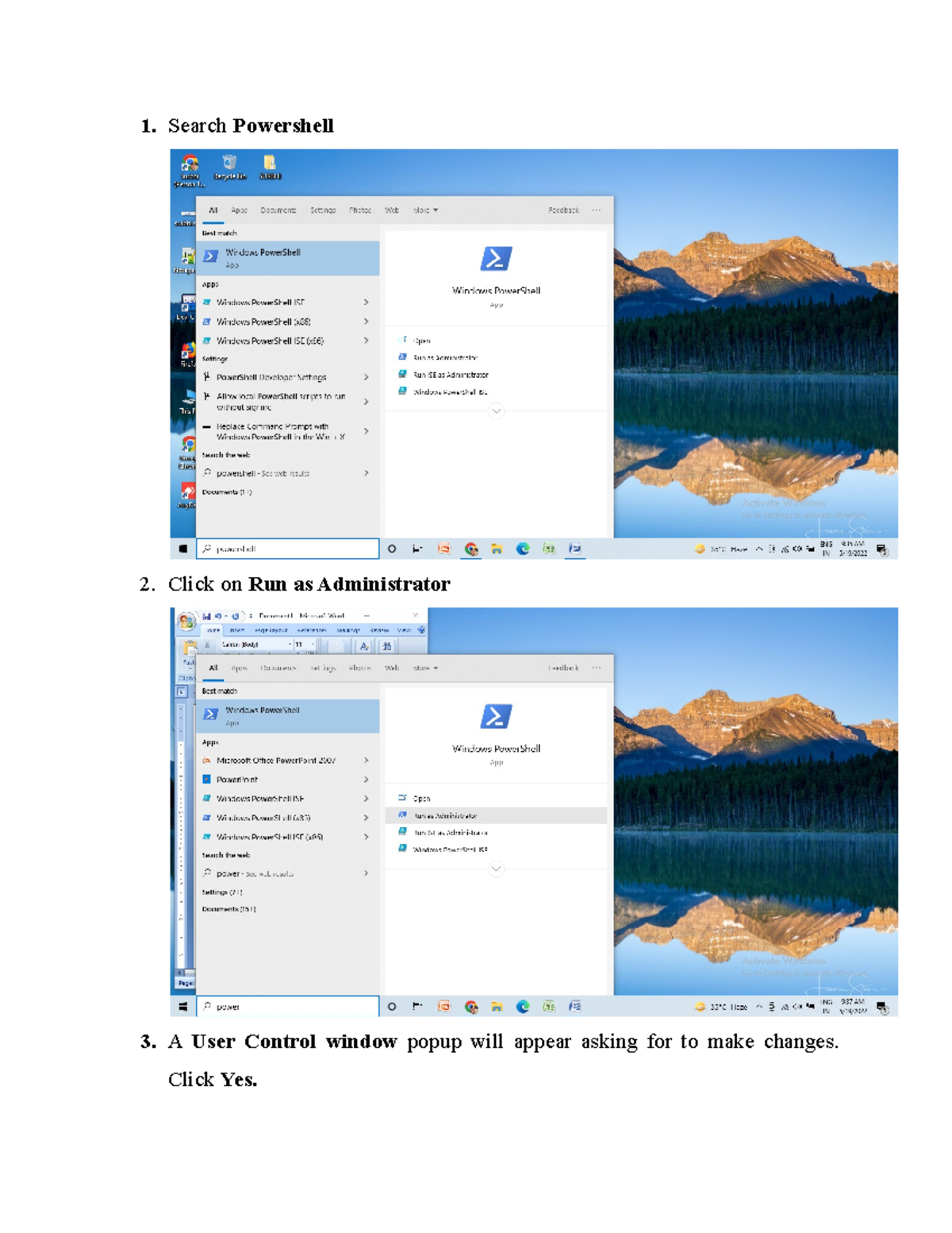 Install - instructions for lab - 1. Search Powershell Click on Run as ...