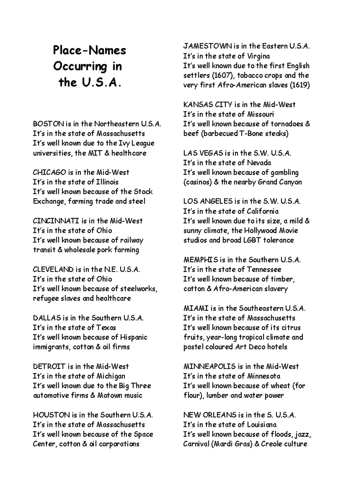 American Place-names - Place-Names Occurring in the U.S. BOSTON is in ...